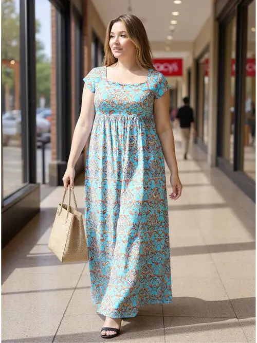 24SEVEN COMFORT APPAREL Abstract Square Neck Cap Sleeve Pleated A-line Maxi Dress - Blue Multi