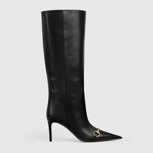Gucci Leather Pointed Toe Knee High Stiletto Boots With Horsebit Detail