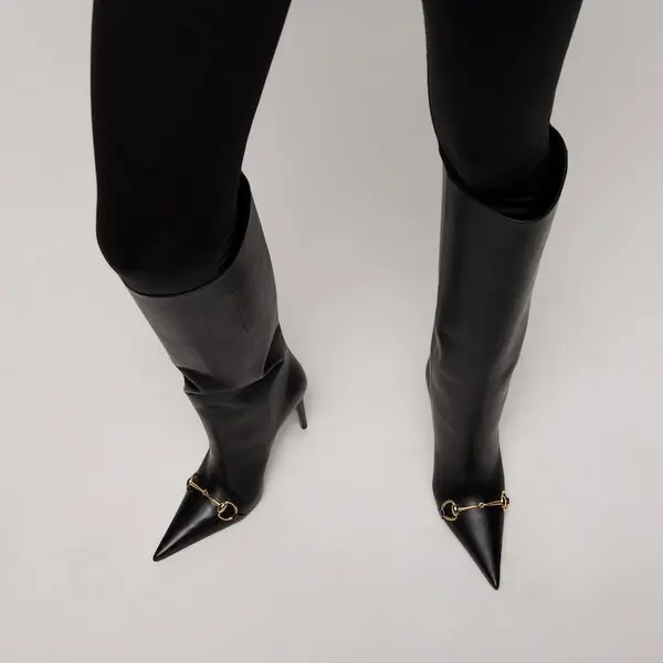 Gucci Leather Pointed Toe Knee High Stiletto Boots With Horsebit Detail