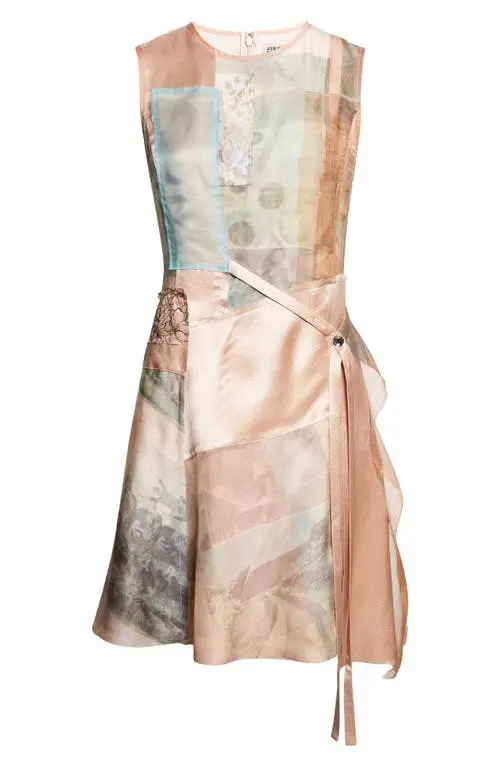 JASON WU Collage Print Crinkled Satin & Organza Minidress - Chalk/plaster