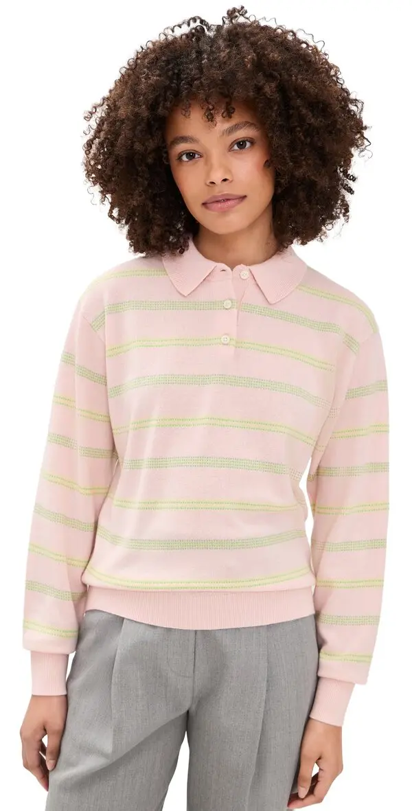 Guest In Residence Collegiate Cashmere Stripe Polo - Power Pink