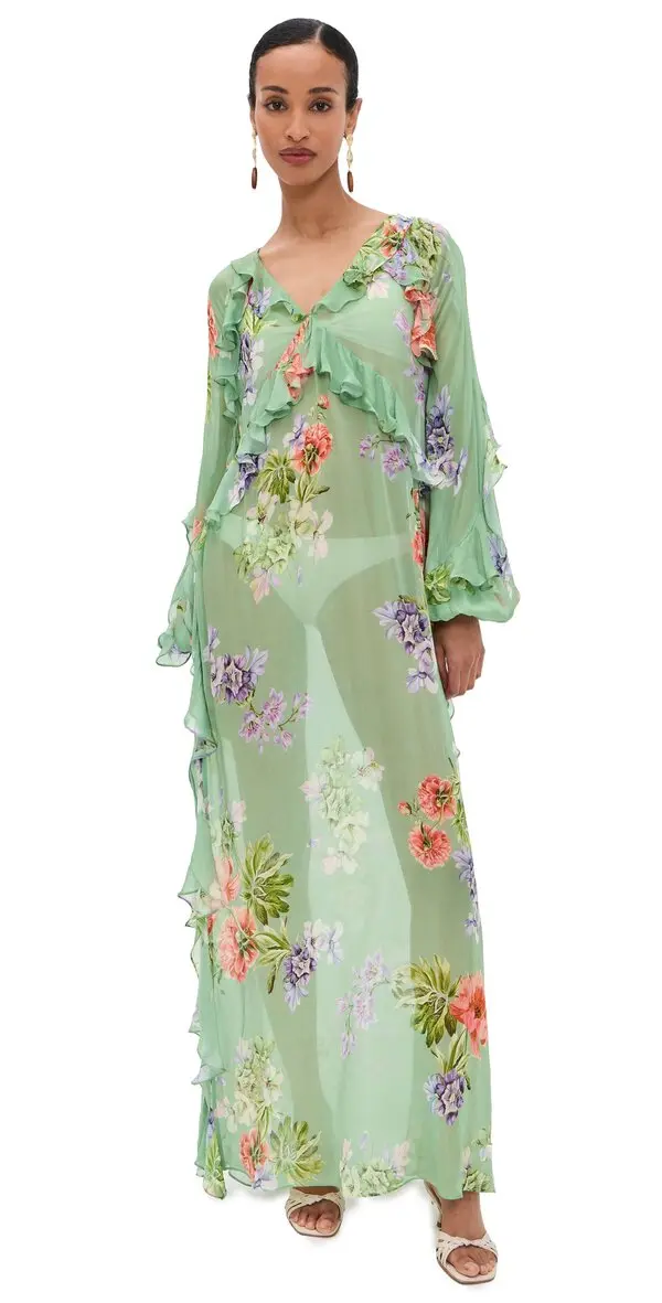 Hemant & Nandita Floral Ruffle Caftan - Green