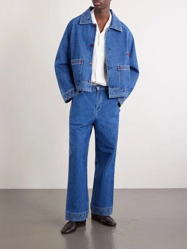 BODE Embroidered Merino Wool-blend Denim Jacket - Blue
