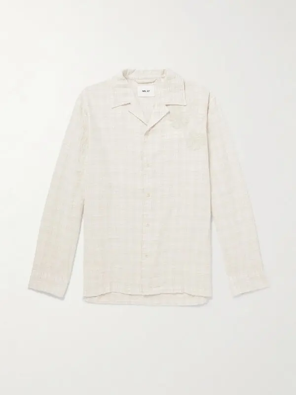 Nn07 Ben 50041 Camp-collar Embroidered Checked Organic Cotton-blend Shirt - Neutrals