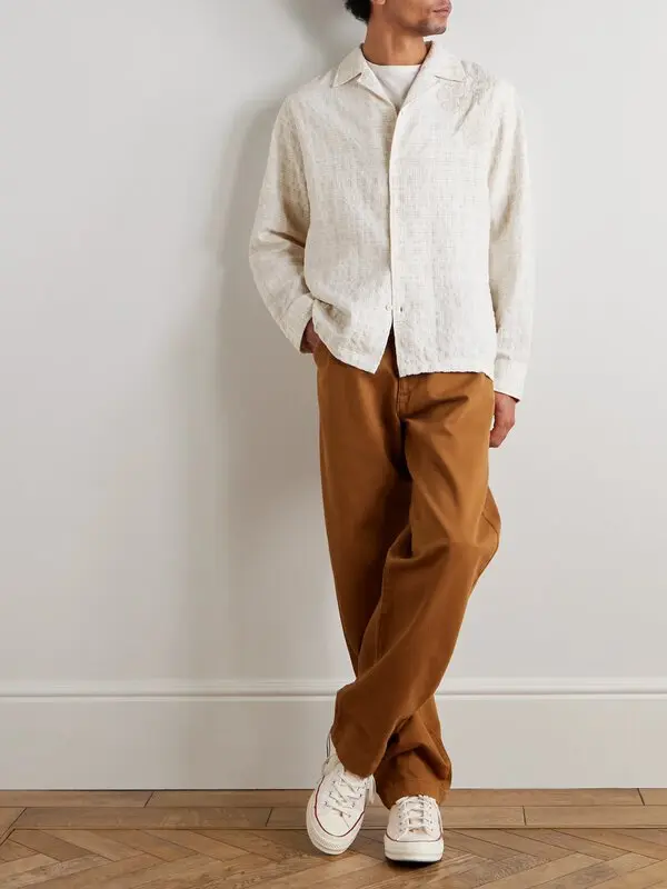 Nn07 Ben 50041 Camp-collar Embroidered Checked Organic Cotton-blend Shirt - Neutrals