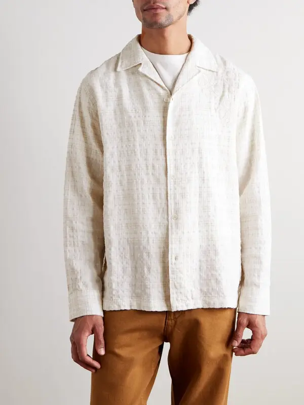 Nn07 Ben 50041 Camp-collar Embroidered Checked Organic Cotton-blend Shirt - Neutrals
