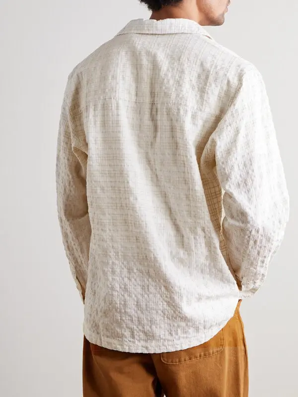 Nn07 Ben 50041 Camp-collar Embroidered Checked Organic Cotton-blend Shirt - Neutrals