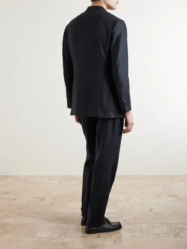 SAMAN AMEL Linen Double-breasted Blazer - Black