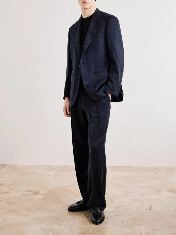 SAMAN AMEL Slim-fit Silk And Linen-blend Suit Jacket - Blue