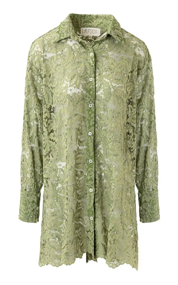 LA FUORI Sage Floral Lace Sequin Embellished Shirt - Green