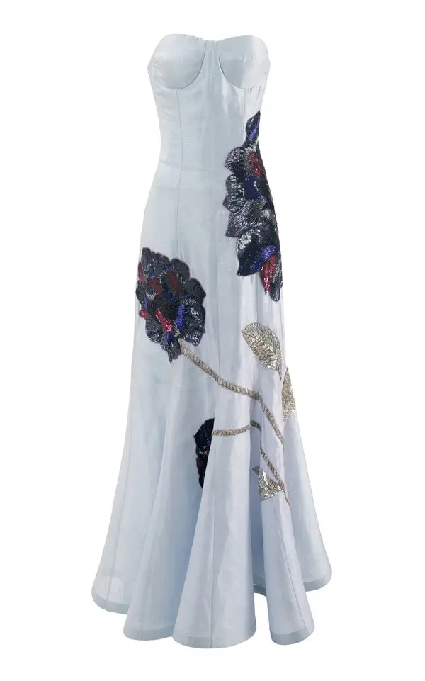 LA FUORI Strapless Floral Appliqué Gown - Blue