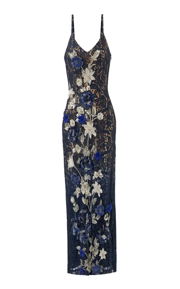 LA FUORI Midnight Gold Floral Embroidery Dress - Navy