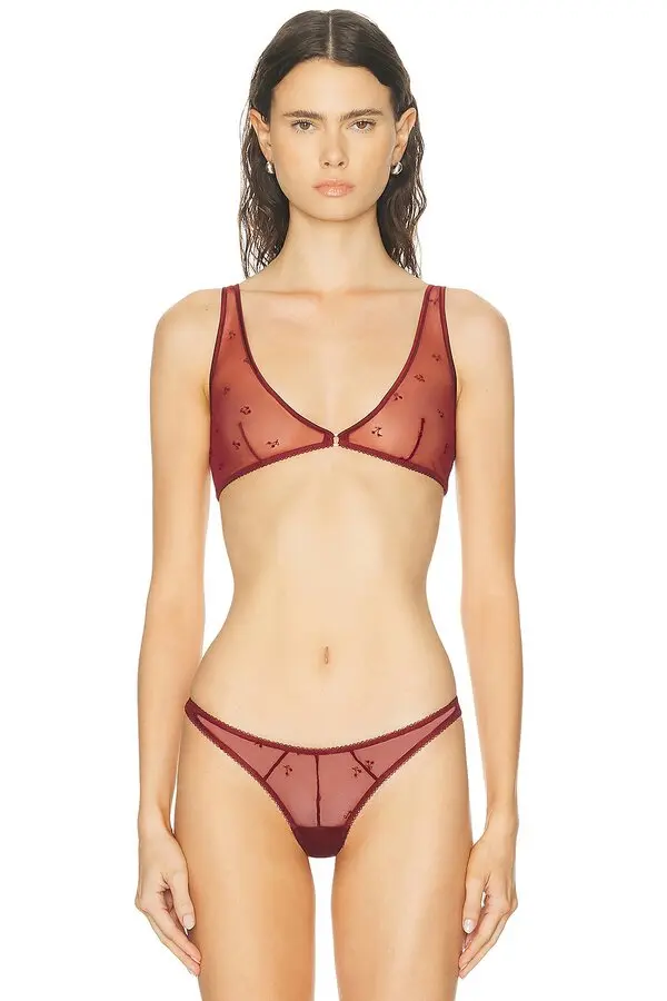 Kiki De Montparnasse Cerise Embroidery Scoop Neck Bra In Wine - Ruby