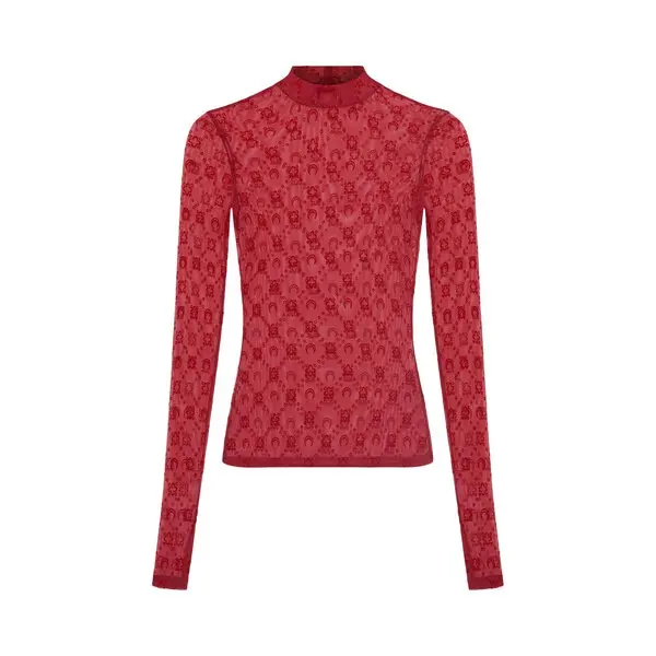 MARINE SERRE Mesh Flock Long-sleeve Highneck Top - Red