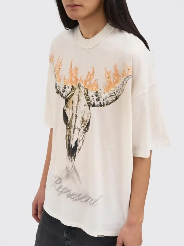 REPRESENT Printed Cotton Oversized T-shirt - Beige