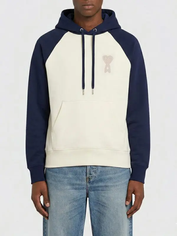 AMI Paris Cotton Hoodie With Monogram Pattern - Blue