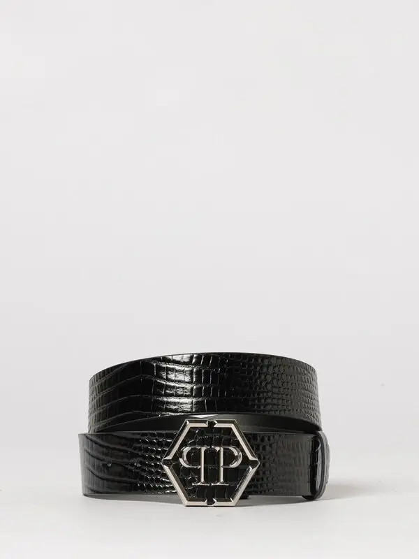 Philipp Plein Crocodile Print Leather Belt - Black