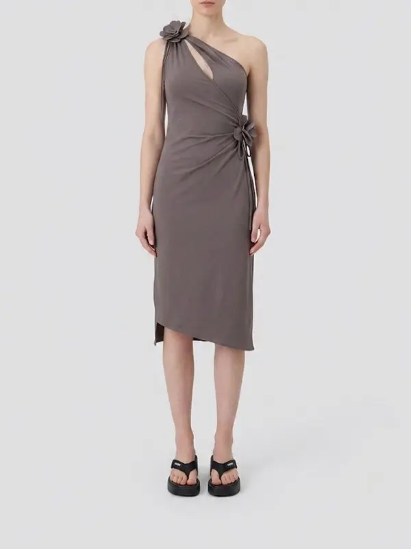 Coperni One-shoulder Jersey Dress With Flower Appliqu - Brown