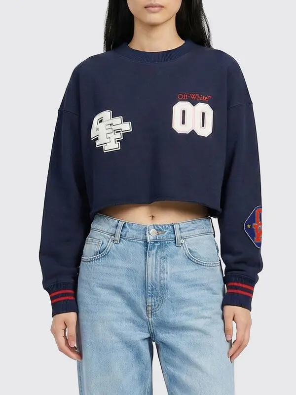 Off-White Cropped Sweatshirt With Embellished Patches - Blue