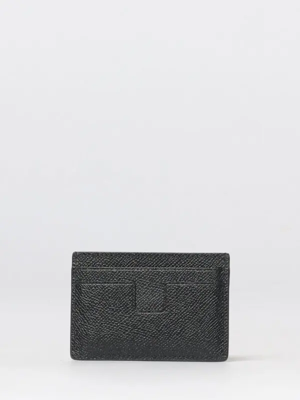 TOM FORD Flat Card Holder In Grained Calfskin With Metal Logo - Black