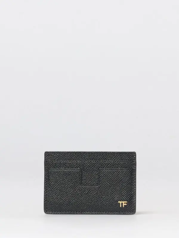 TOM FORD Flat Card Holder In Grained Calfskin With Metal Logo - Black