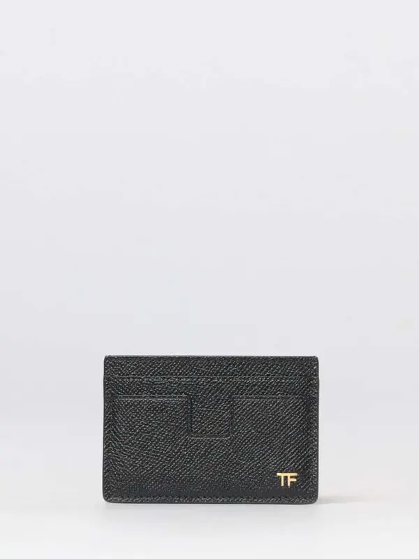 TOM FORD Flat Card Holder In Grained Calfskin With Metal Logo - Black