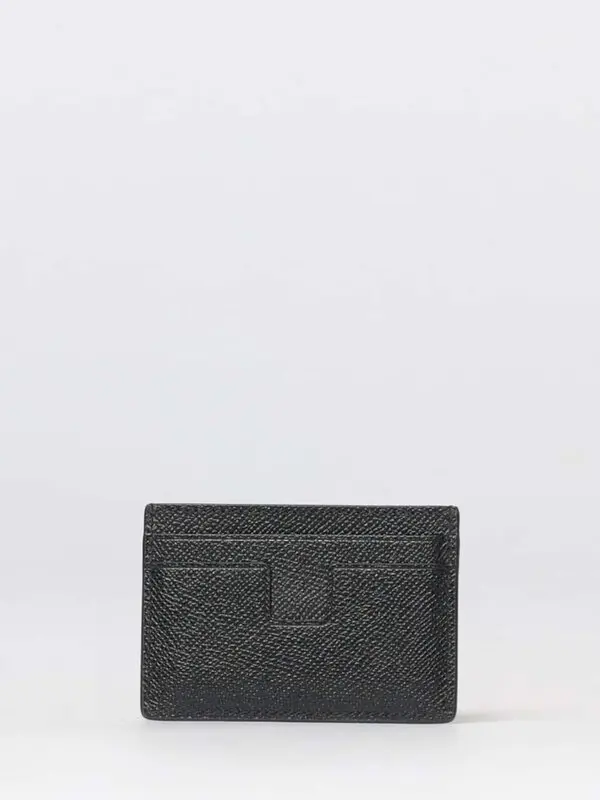 TOM FORD Flat Card Holder In Grained Calfskin With Metal Logo - Black