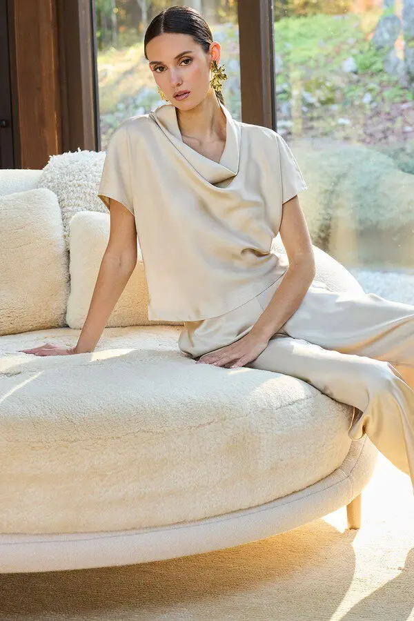 Natori Solid Silk Twill Cowl Neck Top - Neutral / White