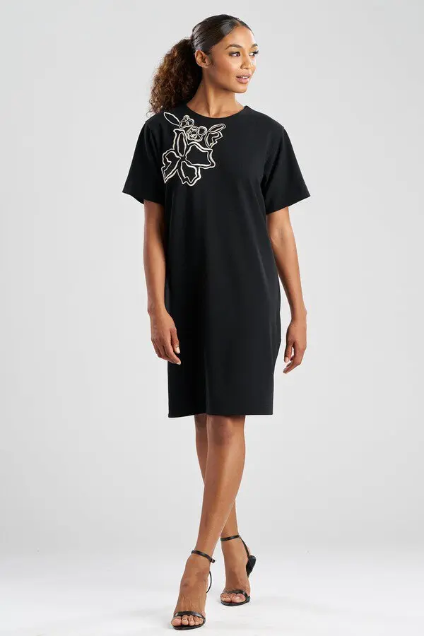 Natori Knit Crepe Embellished Short Sleeve Shift Dress