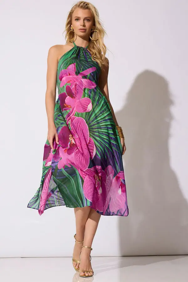 Natori Orchid Silk Cotton Voile Halter Dress