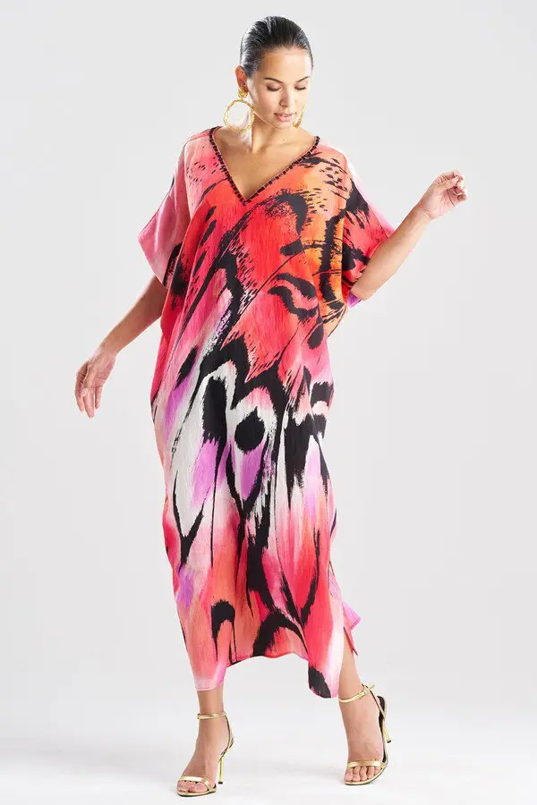 Natori Butterfly Linen Blend Beaded Caftan - Red