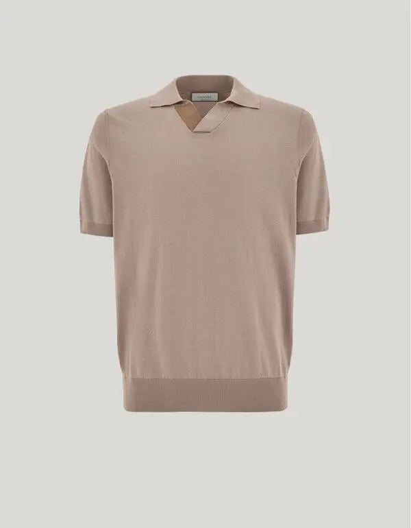 Canali Taupe Cotton Modal Polo Shirt With Leather Details