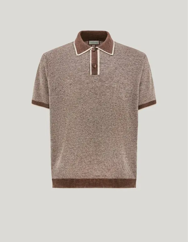 Canali Linen And Silk Jacquard Polo Shirt With Contrasting Collar - Brown