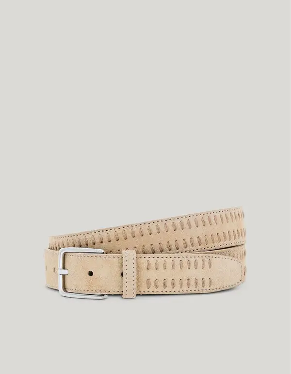 Canali Suede Belt With Decorative Stitching - Beige