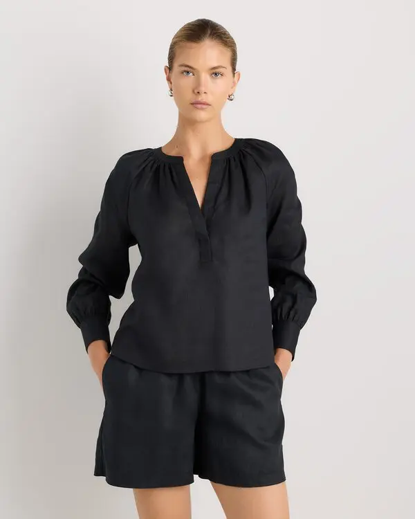 Quince 100% European Linen Peasant Top - Black