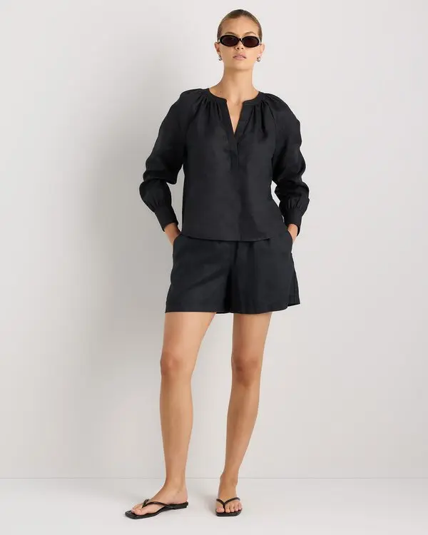 Quince 100% European Linen Peasant Top - Black