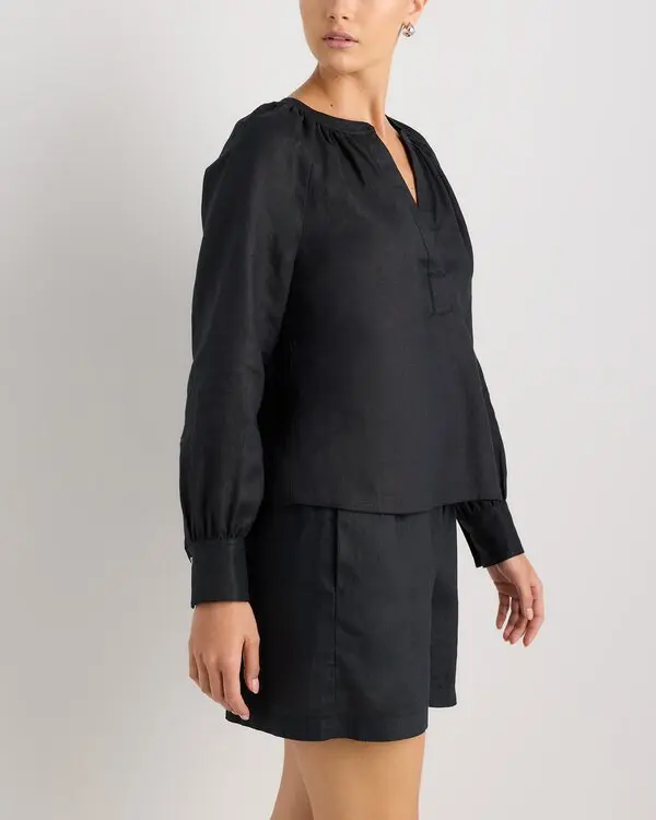 Quince 100% European Linen Peasant Top - Black