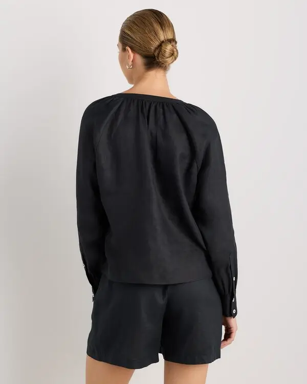 Quince 100% European Linen Peasant Top - Black