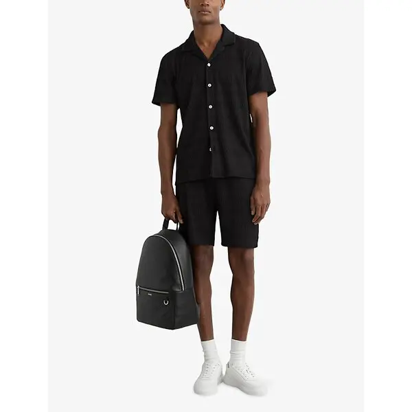 REISS Aleo Textured-wave Short-sleeve Stretch-woven Shirt - Black
