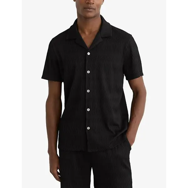 REISS Aleo Textured-wave Short-sleeve Stretch-woven Shirt - Black