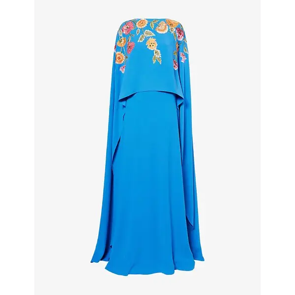 Carolina Herrera Floral Sequin-embellished Cape Crepe Kaftan - Bluebell Multi