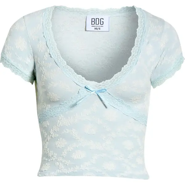 BDG URBAN OUTFITTERS Bella Lace Trim Crop T-shirt - Pale Blue