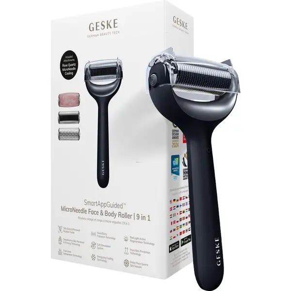 GESKE Smartappguided Microneedle Face & Body Roller | 9 In 1 - Black