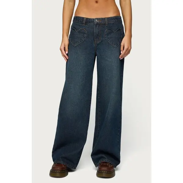 EDIKTED Heart Pocket Low Rise Wide Leg Jeans