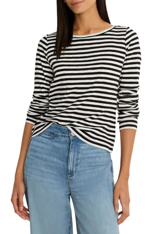 NIC+ZOE Cape Stripe Rib Cotton Blend Boat Neck T-shirt - Black Multi