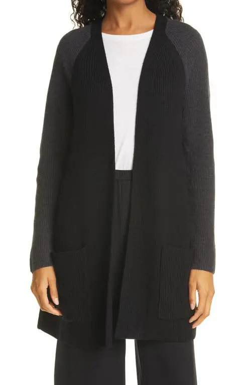Eileen Fisher Colorblock Merino Wool Cardigan - Black