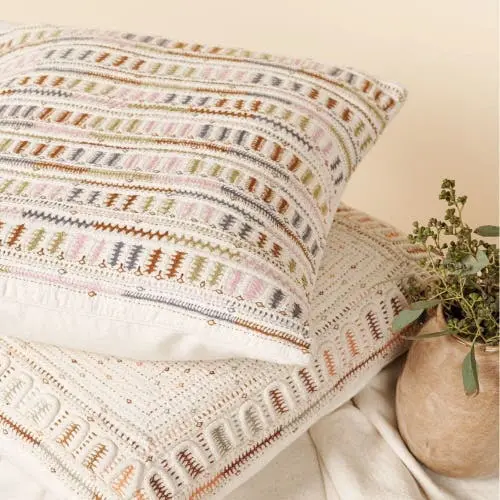 STUDIO VARIOUSLY Dahli Coral Hand Woven Hand Embroidered Multicolor White Artisanal Pillowcover Only