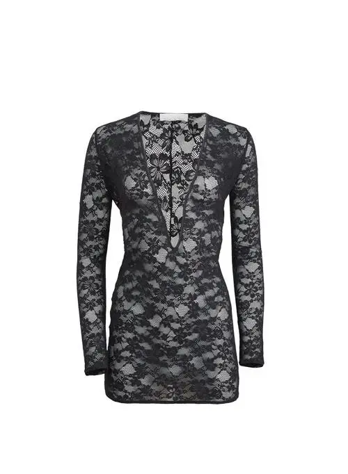 FLEUR DU MAL Deep Plunge Lace Mini Dress