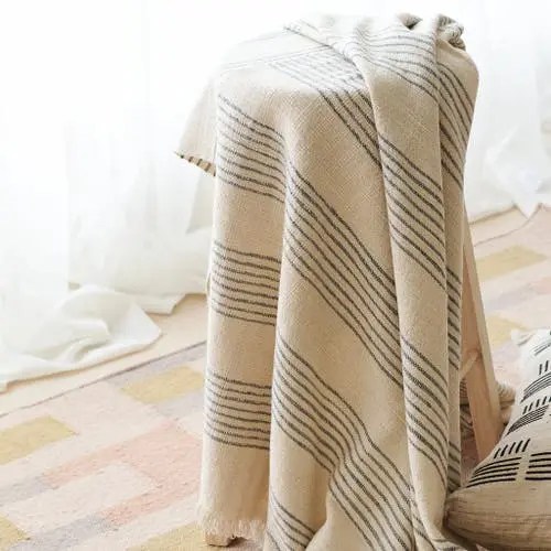 STUDIO VARIOUSLY Silica Chalk Off White And Gray Stripes Pattern Soft Handwoven Merino Throw