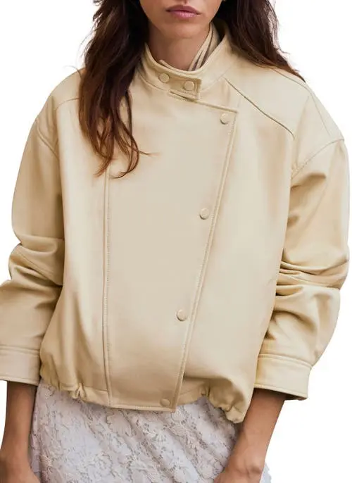 Mint Velvet Leather Cropped Pilot Bomber Jacket - Yellow